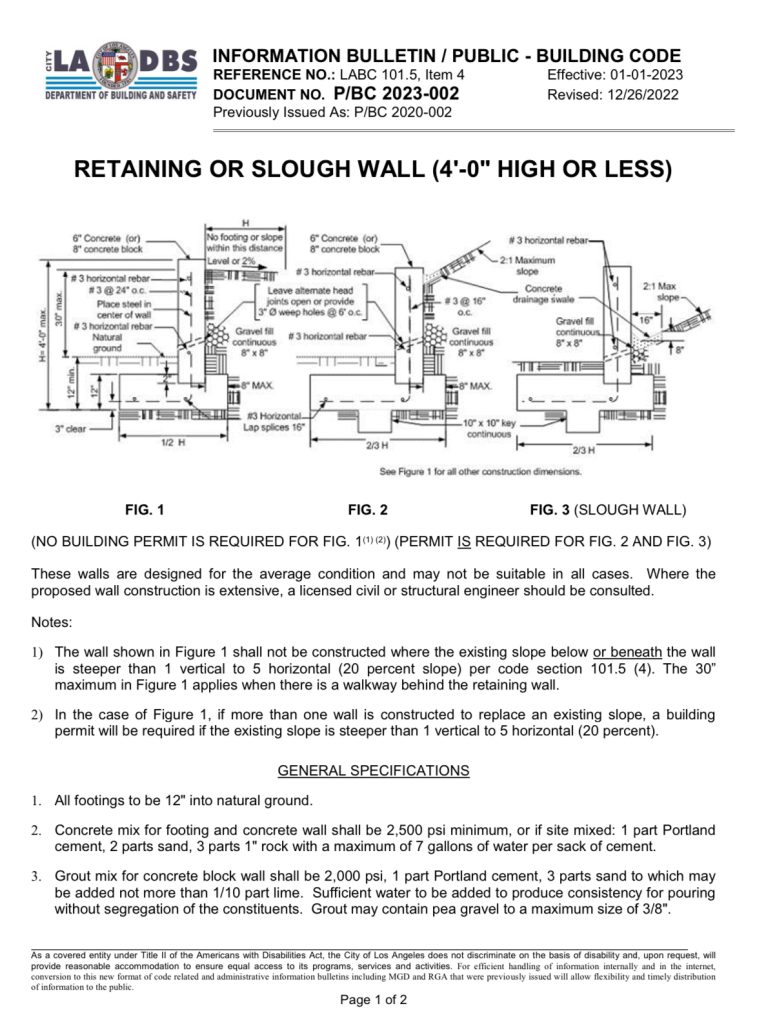 Retaining Wall or Slough Wall (4’-0”) or less